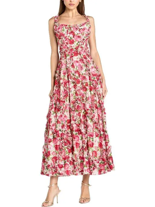 Mac Duggal Floral Cotton Ruffle Ankle Dress - Pink Multi