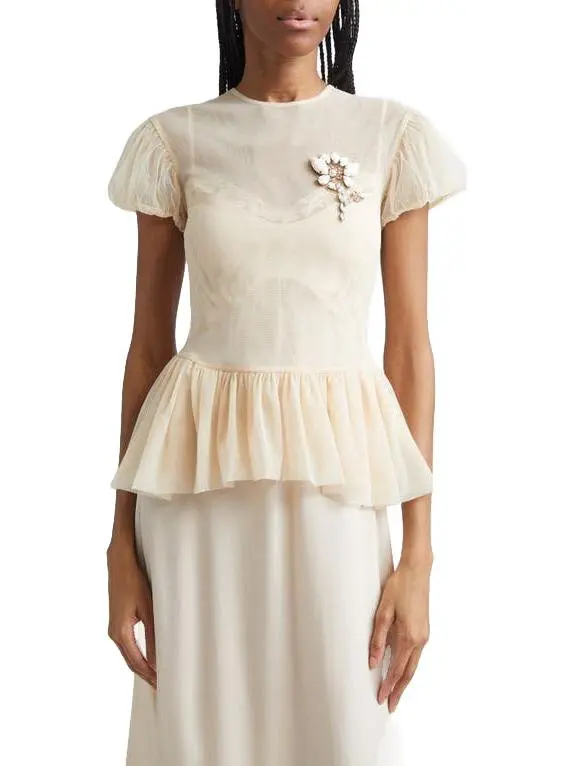 Simone Rocha Floral Embellished Tulle Peplum Top - Beige/opaque Multi