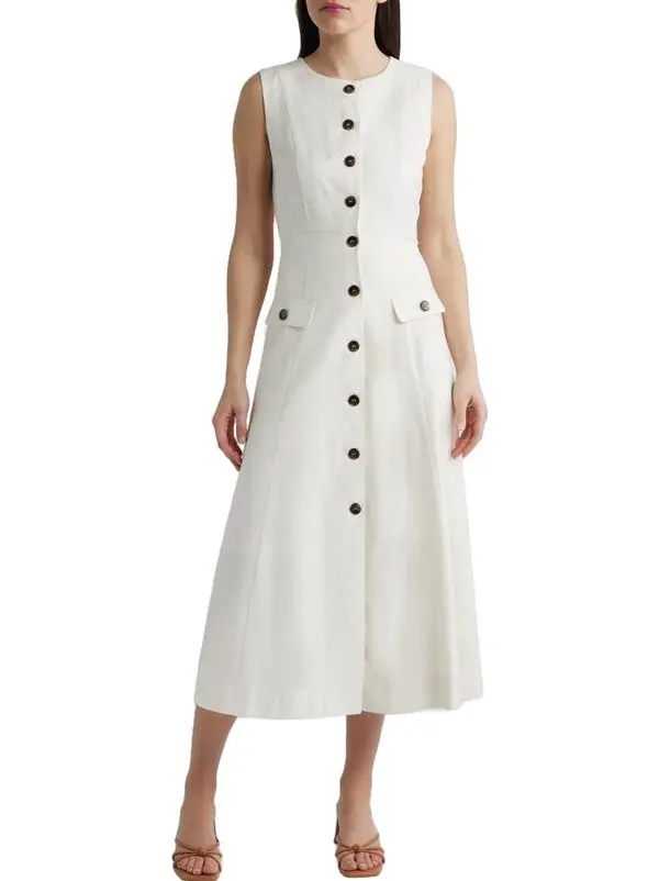ZOE AND CLAIRE Sleeveless Button-up Midi Dress - Oatmeal
