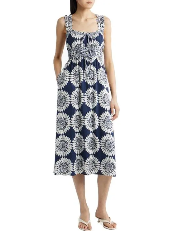 ZOE AND CLAIRE Floral Shirred Bodice Midi Sundress - Navy