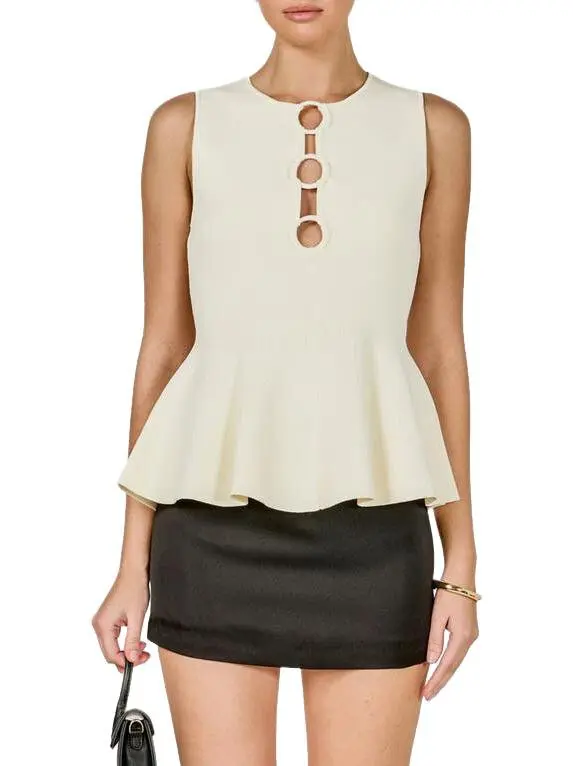 Endless Rose Ring Detail Sleeveless Peplum Knit Top - Off White