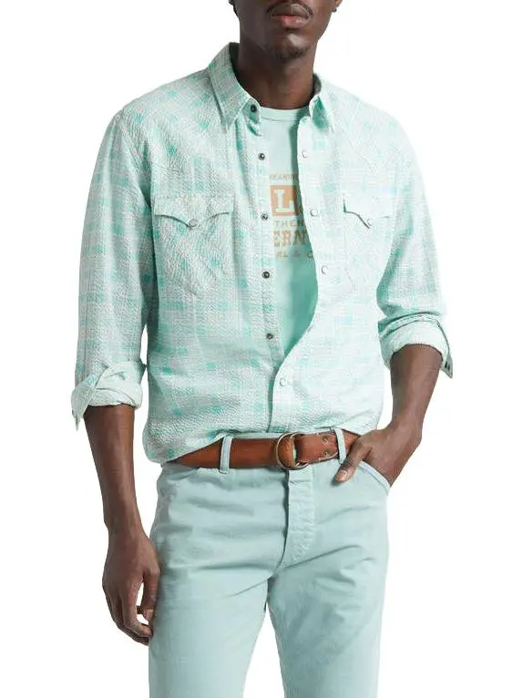 Double Rl Slim Fit Plaid Seersucker Western Snap-up Shirt - Turquoise Multi -