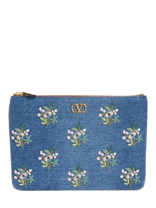 Valentino Garavani Vlogo Embroidered Denim Pouch - Blue Multi