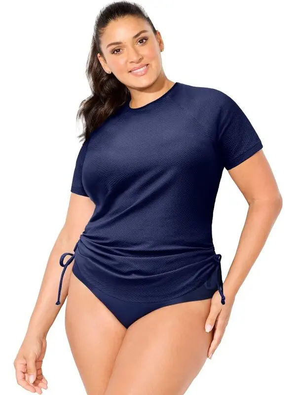 SWIMSUITS FOR ALL Chlorine Resistant Quick-dry Side-tie Short Sleeve Swim Tee Rash Guard - Navy