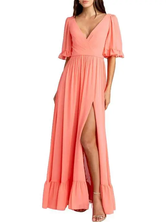 Mac Duggal V-neck Flutter Sleeve Chiffon Faux Wrap Maxi Gown - Coral
