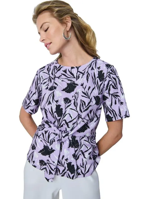 JESSICA LONDON Stretch Crepe Tie Waist Top - Lilac Pretty Florals