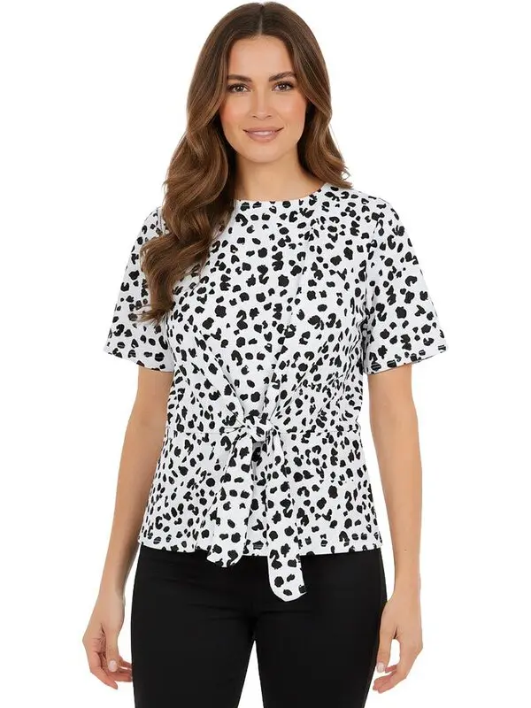 JESSICA LONDON Stretch Crepe Tie Waist Top - White Cheetah Dot