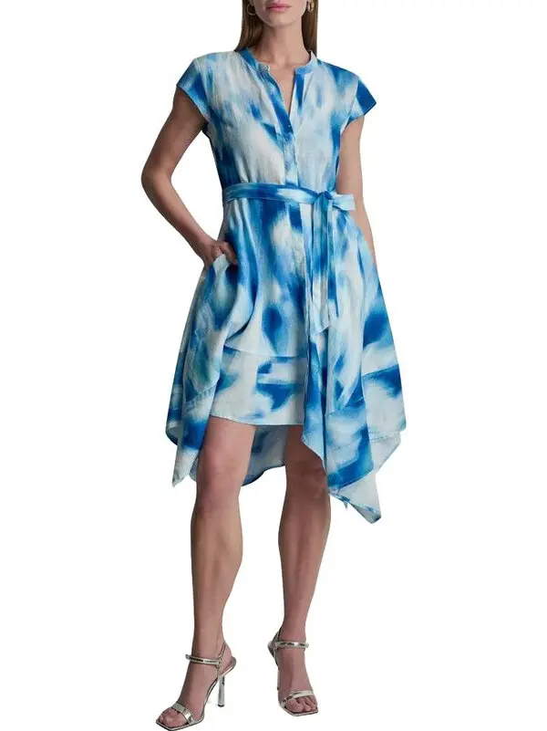 Dkny Abstract Print Linen Asymmetric Hem Dress - Misted Surf