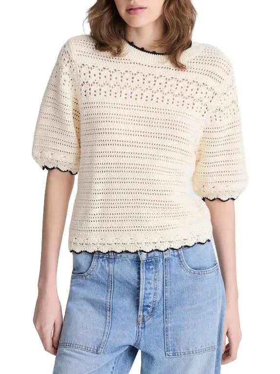 Madewell Puff-sleeve Cotton Sweater T-shirt - Ivory With Black Tipping