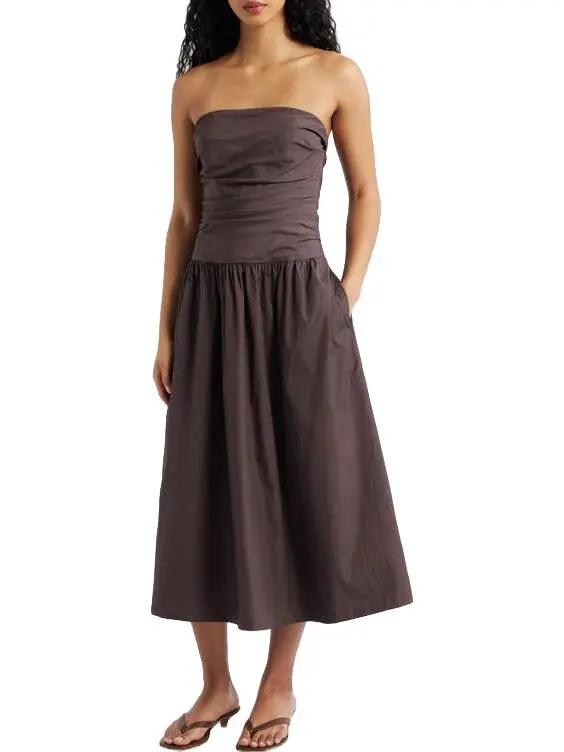 Madewell Strapless Ruched Poplin Midi Dress - Chocolate Plum