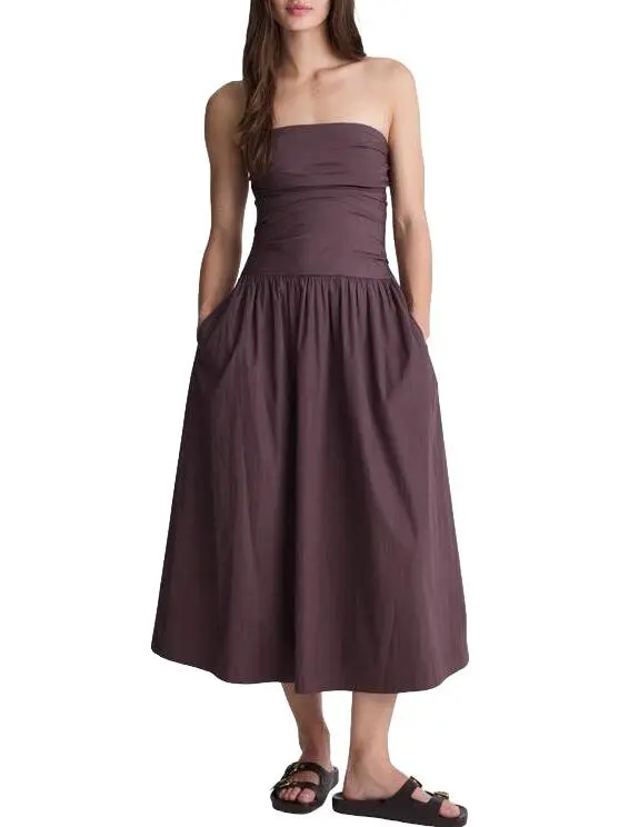 Madewell Strapless Ruched Poplin Midi Dress - Chocolate Plum