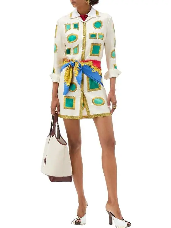 Versace Printed Long-sleeve Silk Twill Shirtdress - Ivory Emerald