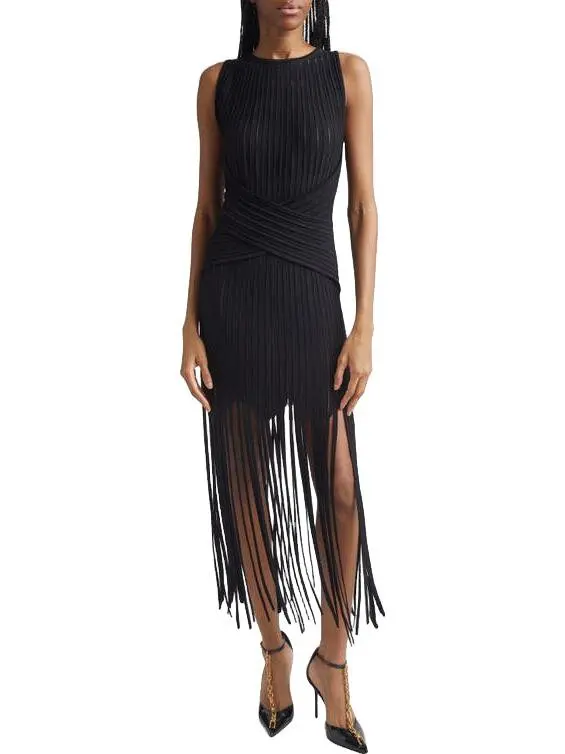 Balmain Fringed Pointelle Rib Sweater Dress - 0pa Black