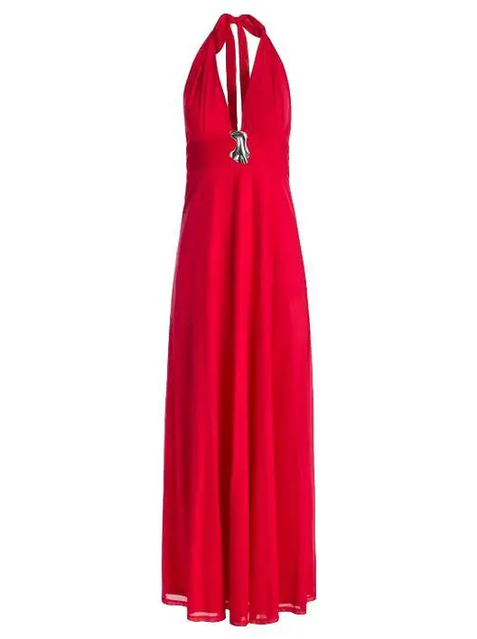 KATE BARTON Plunge Neckline Mesh Halter Gown - Raspberry