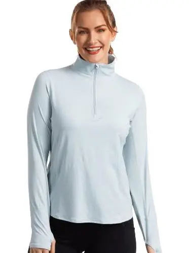 BLOQUV Long Sleeve Relaxed Mock Zip Sun Protection Top - Soft Gray