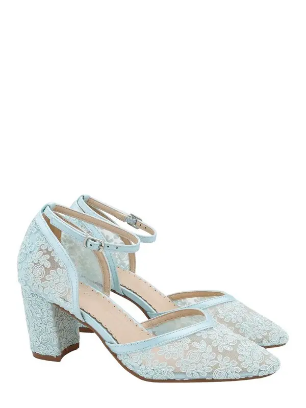 KAILEE P Abby Lace Block Heel With Ankle Strap - Light Blue