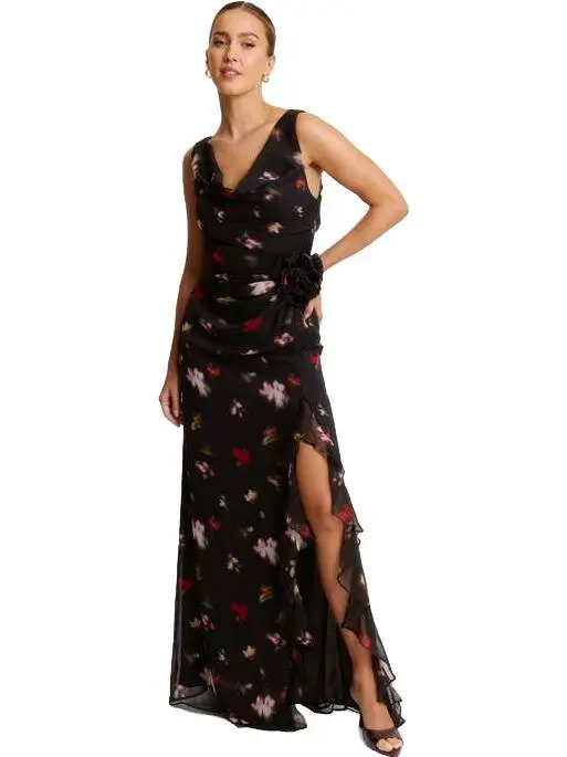 SIX STORIES Floral Cowl Front Maxi Dress - Black