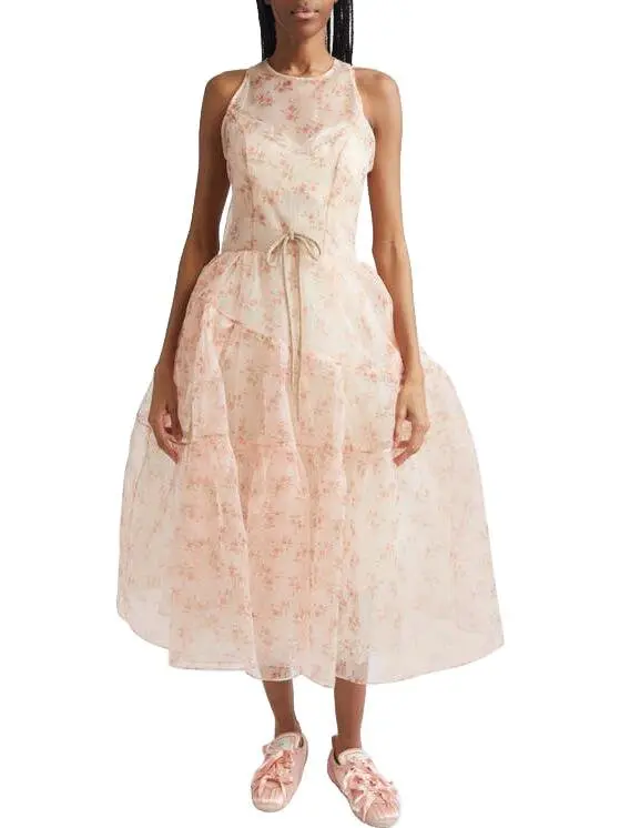 Simone Rocha Tapered Back Flounce Floral Sheer Organza Dress - Beige Floral/taupe