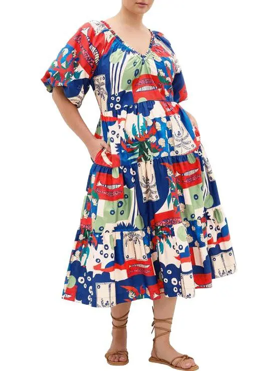 City Chic Printed Flared Midi Dress - Marine Scape