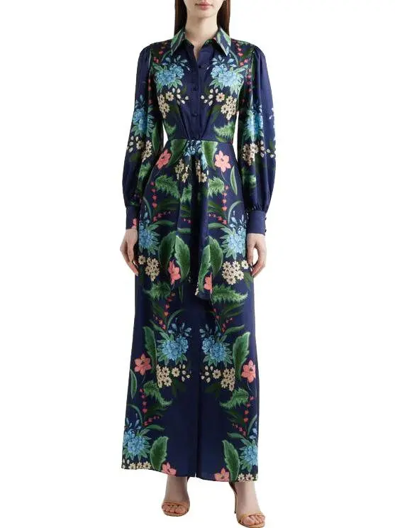 Julia Jordan Floral Print Long Sleeve Maxi Shirtdress - Navy Multi