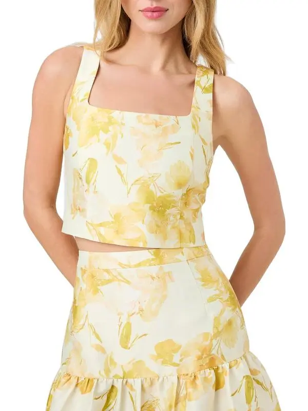 French Connection Sophie Floral Sleeveless Taffeta Crop Top - Daisy Yellow Sophie Flower