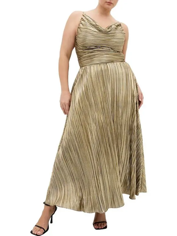 City Chic Kamila Plissé Metallic Maxi Dress - Bronze