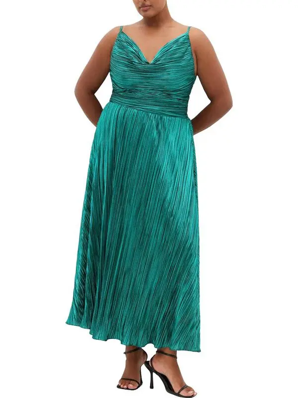 City Chic Kamila Plissé Metallic Maxi Dress - Emerald
