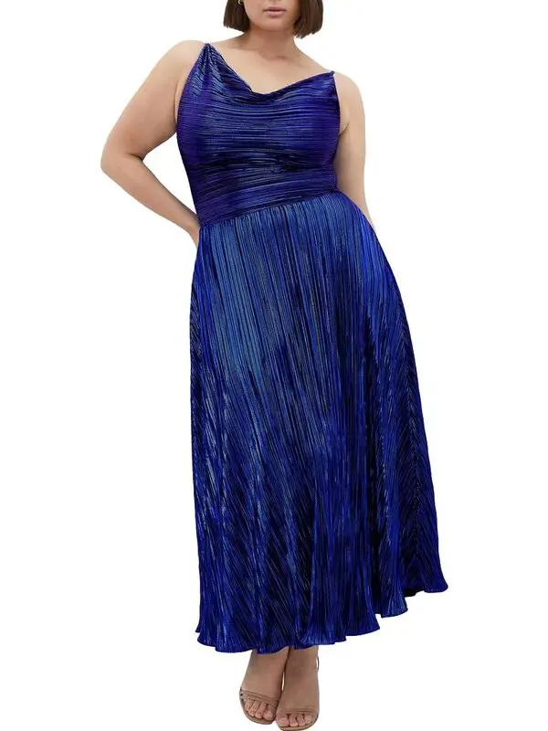 City Chic Kamila Plissé Metallic Maxi Dress - Navy