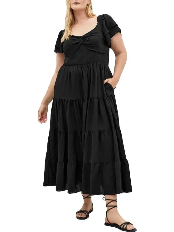 City Chic Crinkle Textured Midi Dress - Black