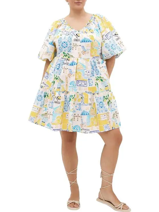 City Chic Fantasy Amalfi Print Tiered Minidress - Amalfi Coast