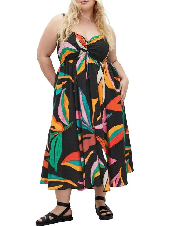 City Chic Shirred Tropical Print Midi Sundress - Maui Tropical Print
