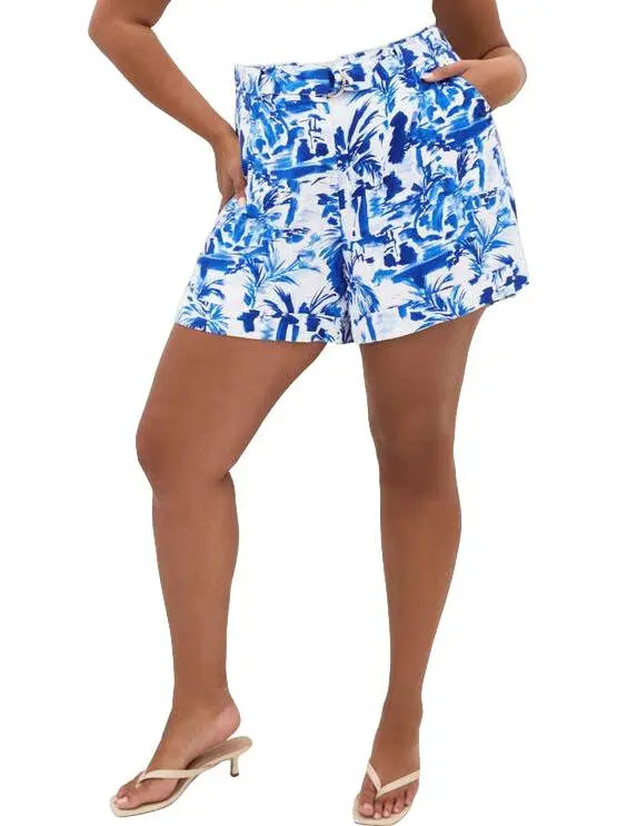 City Chic Tropical Print High-waist Shorts - Blue Palm