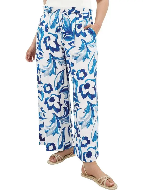 City Chic Resort Print Paperbag Waist Wide Leg Pants - Mykonos