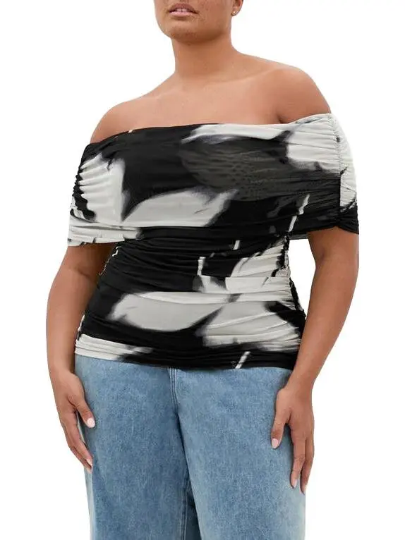 City Chic Floral Off-the-shoulder Mesh Top - Black Blur Floral