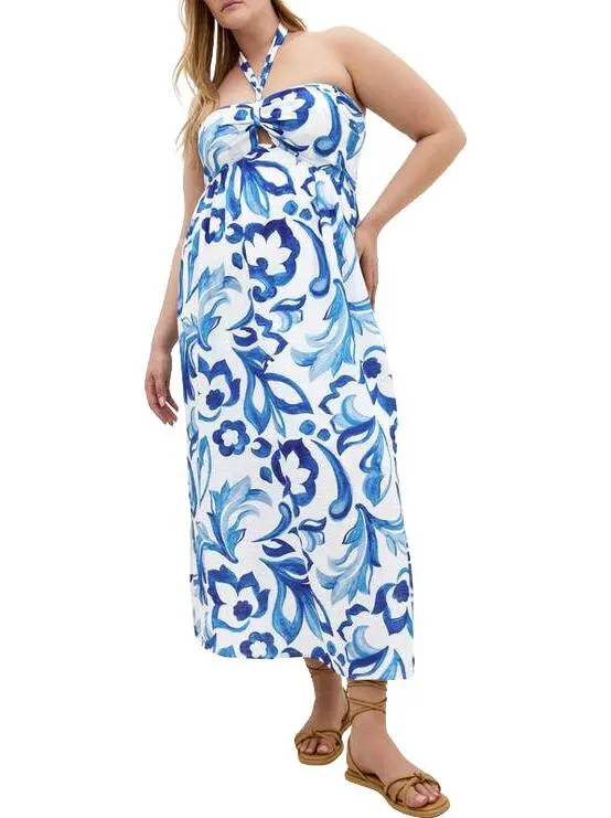 City Chic Serene Print Halter Neck Maxi Dress - Mykonos