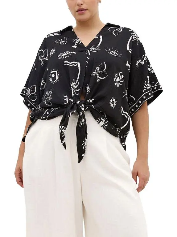 City Chic Printed Tie-front Top - Black And White