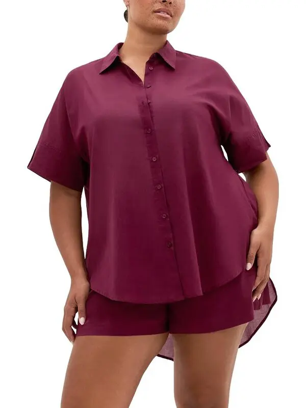 City Chic Oversized Cotton Button-up Shirt - Pomegranate