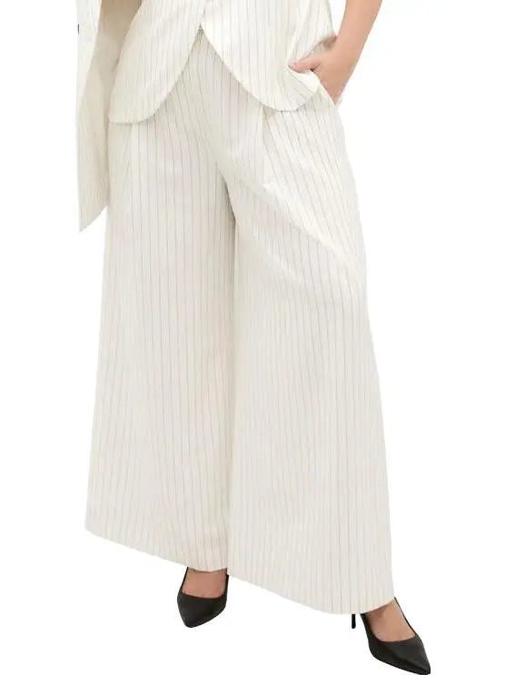 City Chic Belted Pinstripe Wide-leg Pants - Ivory Pinstripe