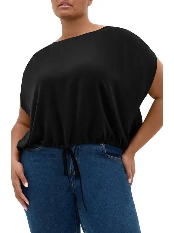 City Chic Ruched Sleeve Drawstring Waist Top - Black