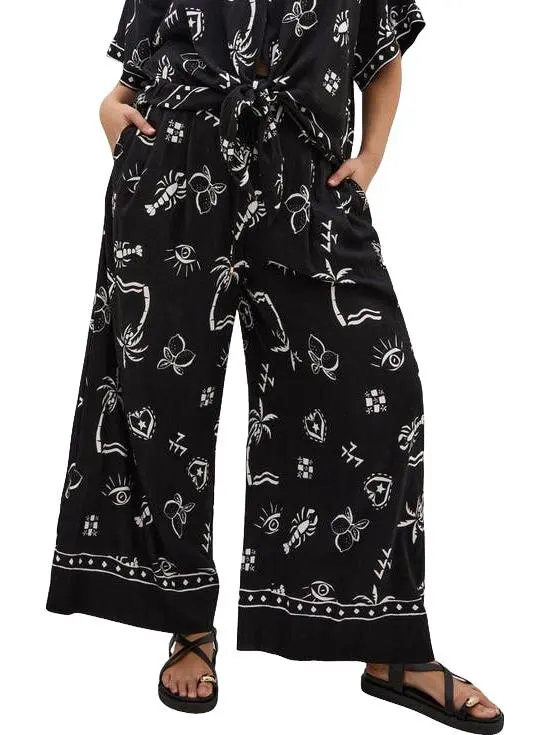 City Chic Printed Wide-leg Pants With Tie Belt - Black And White