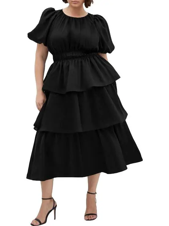 City Chic Heavenly Tiered Puff Sleeve Midi Dress - Black