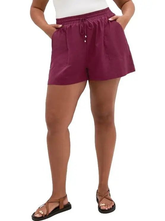 City Chic Lola Cotton Drawstring Shorts - Pomegranate