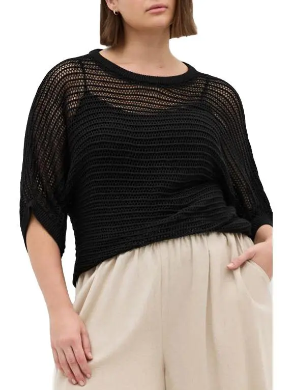 City Chic Sheer Open Knit Top - Black