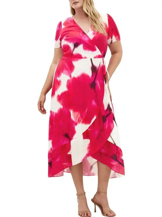 City Chic Floral Print Wrap Midi Dress - Raspberry Bloom