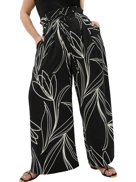 City Chic Wide Leg Paperbag Pants - Black Bloom