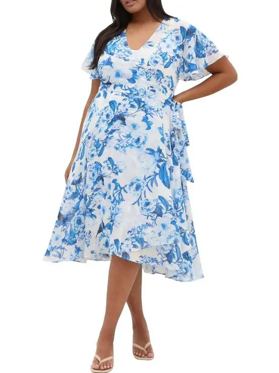 City Chic Floral Print Wrap Dress - Bluebell