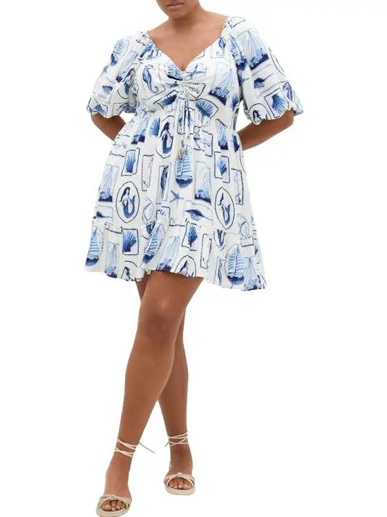 City Chic Giselle Allover Print Minidress - Amalfi Postcard