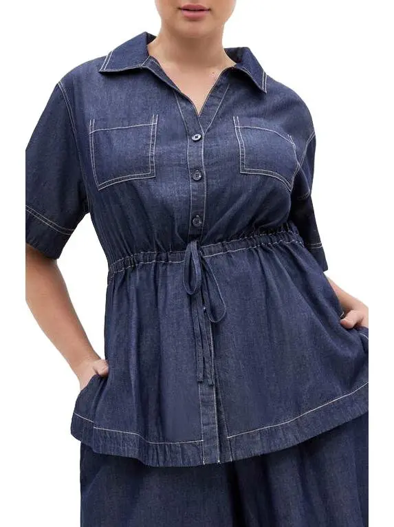 City Chic Tie Waist Denim Shirt - Indigo