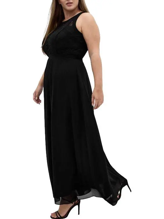 City Chic Lace Bodice Pleated Dress - Black
