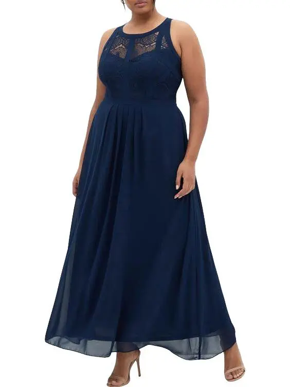 City Chic Lace Bodice Pleated Dress - French Navy